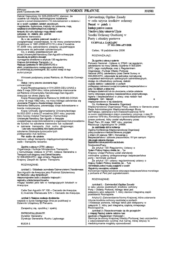 RAD NR 011-2006-APN-DIR, Użycie Osobistych Środków Ochrony W Portach I ...