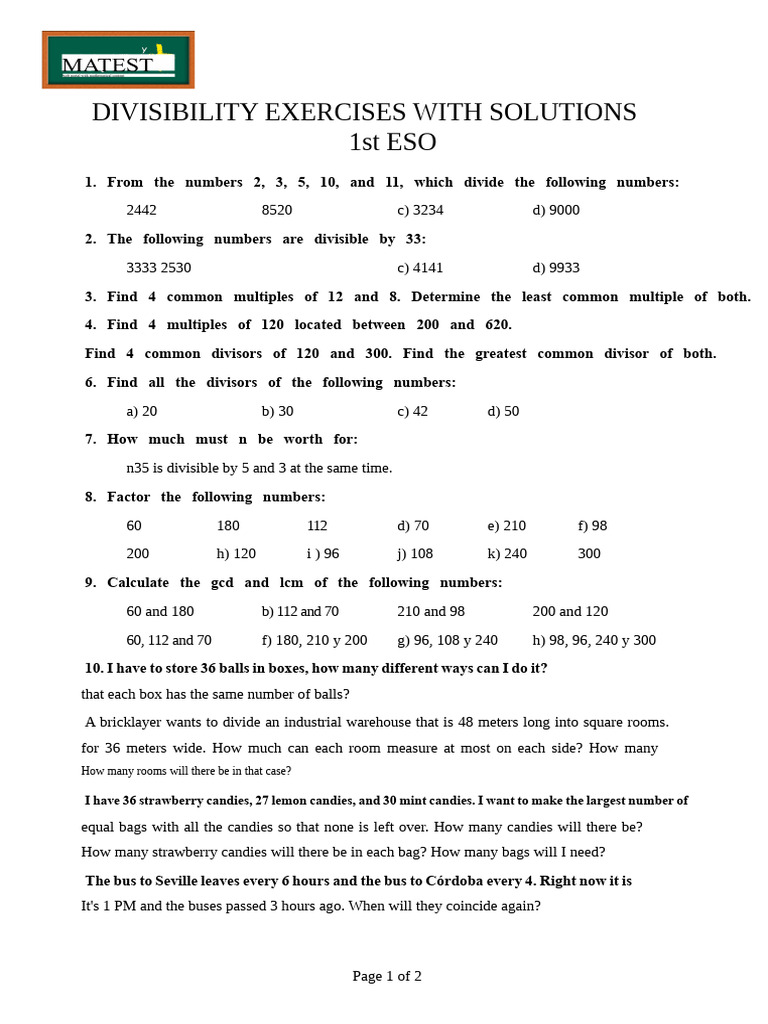Divisibility Exercises for 1st ESO | PDF | Mathematics | Number Theory