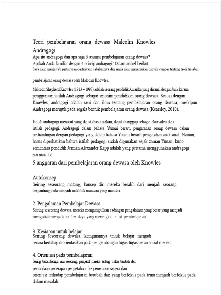PDF Teori Pembelajaran Dewasa Malcolm Knowles - Compress | PDF