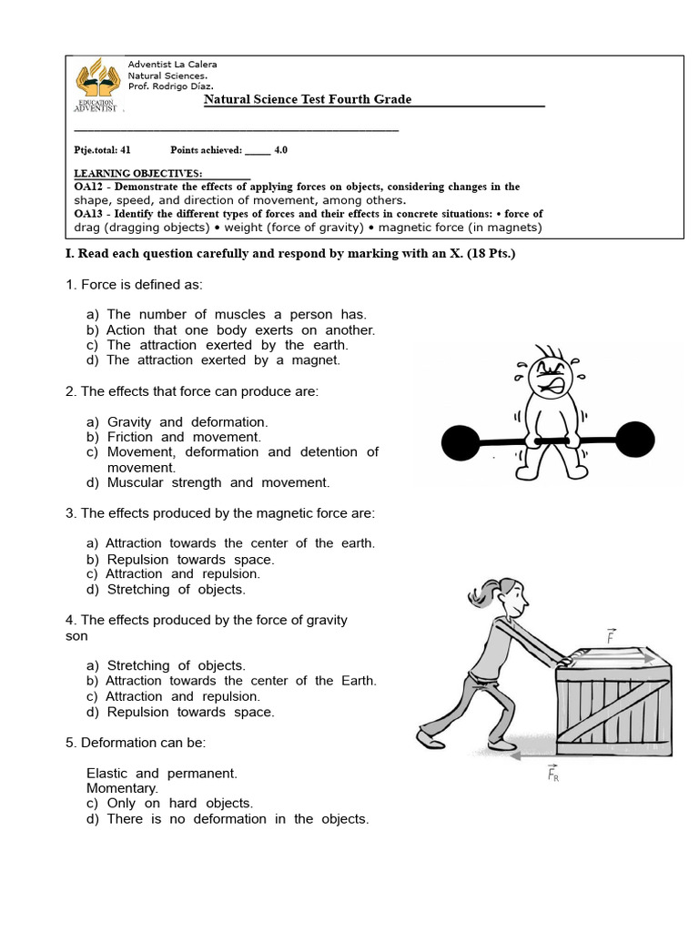 Fourth Grade Natural Science Test on Forces | PDF | Force | Weight