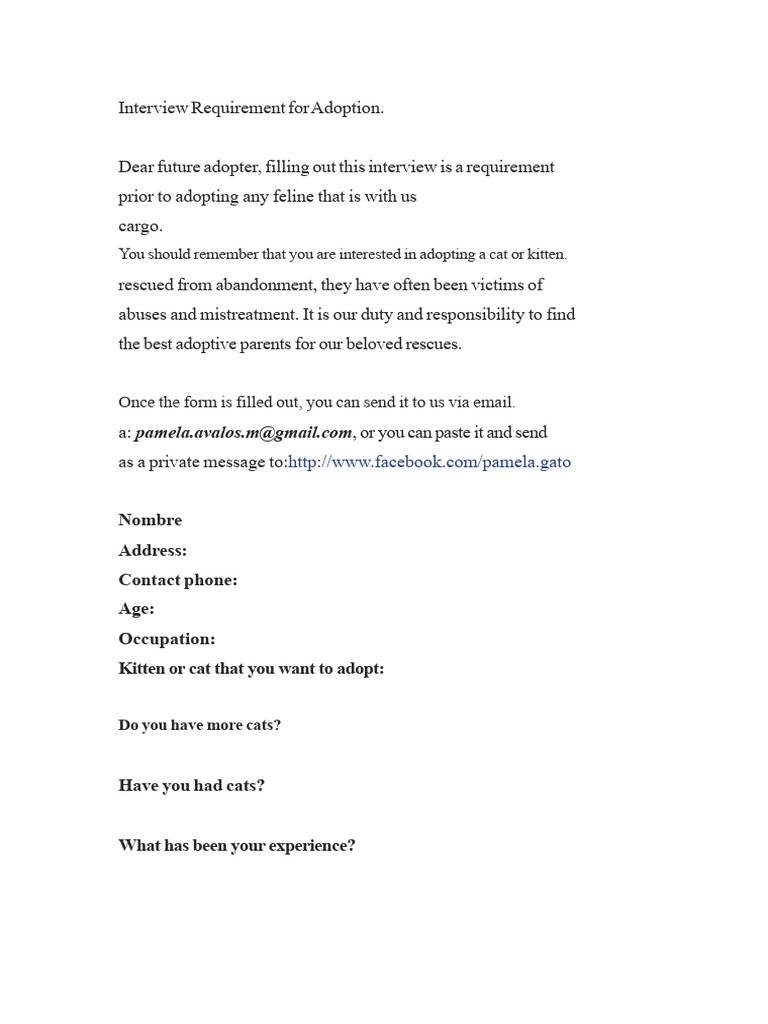 Cat Adoption Interview Guidelines | PDF | Cats | Neutering