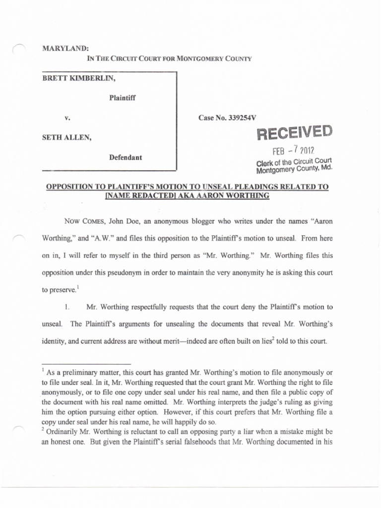 Aaron Worthing's Opposition To Brett Kimberlin's Motion To Unseal (OCR ...