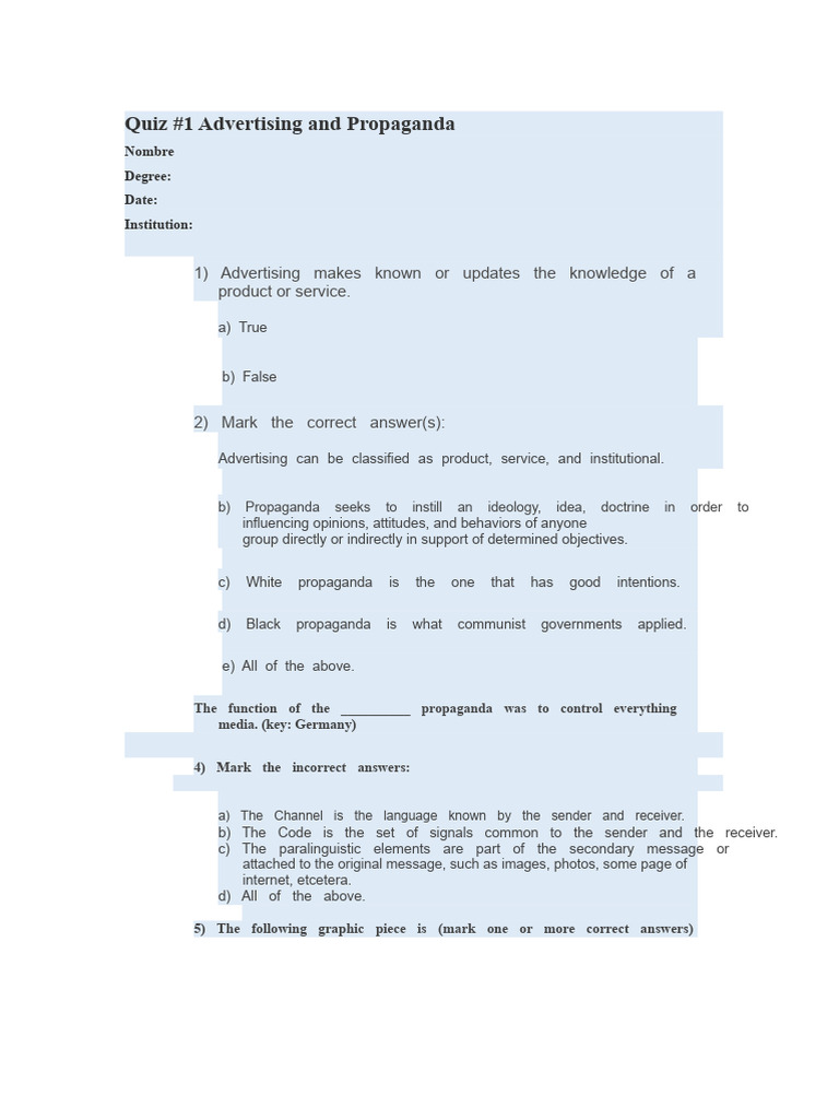 Quiz The Advertisement | PDF | Propaganda | Advertising