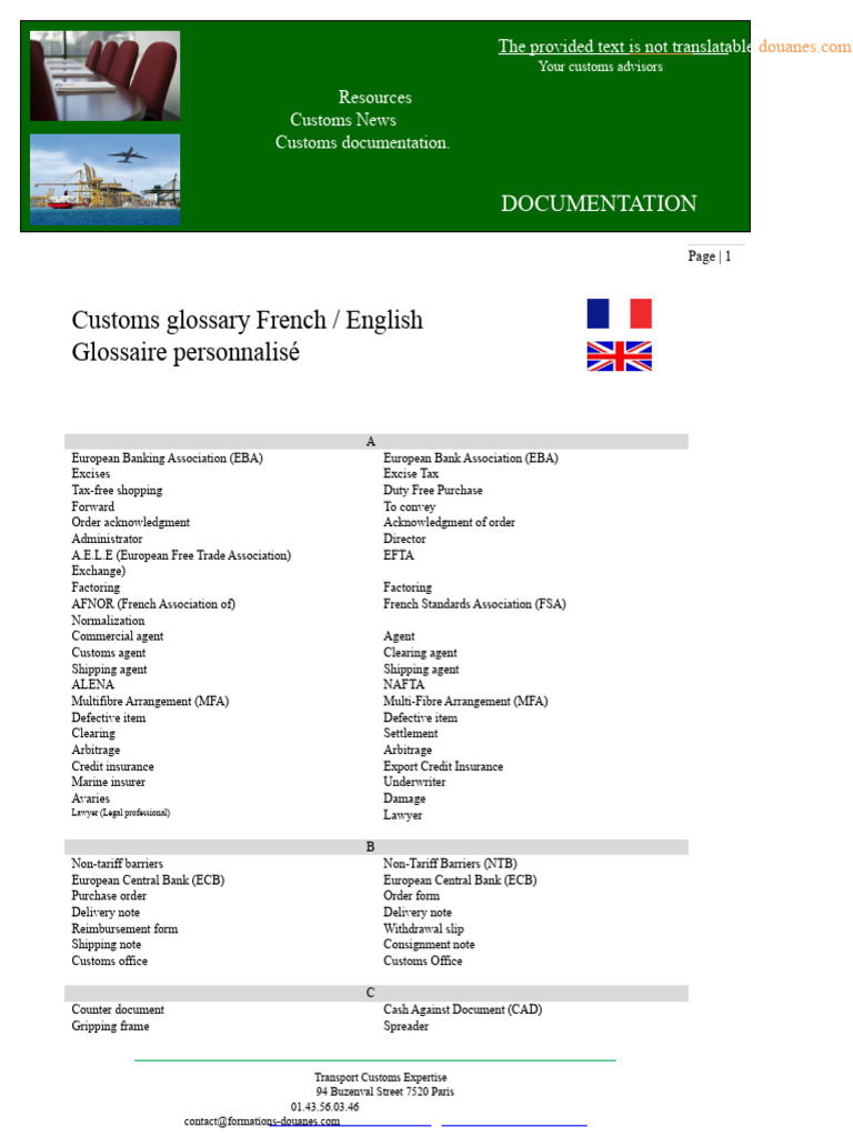 Customs Glossary: French/English Terms | PDF | Customs | Cargo