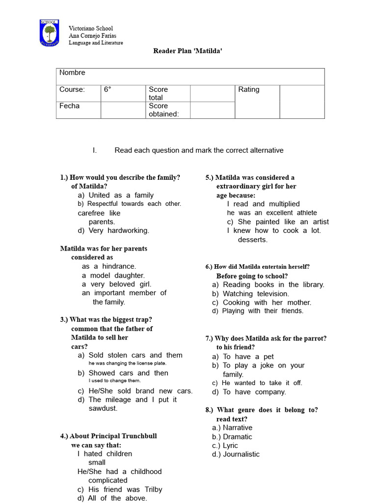 Reading Plan Matilda | PDF