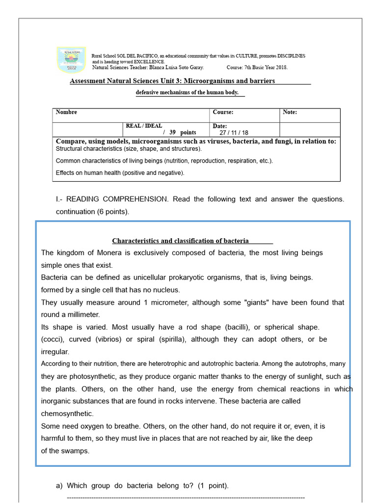 Assessment 7 Year 2018 Microorganisms and Defensive Barriers of The ...