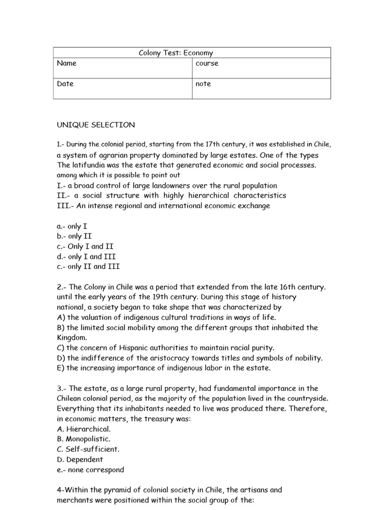 Colonial Economy Test | PDF | Chile