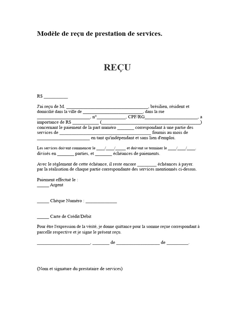 Modèle de reçu pour services rendus | PDF