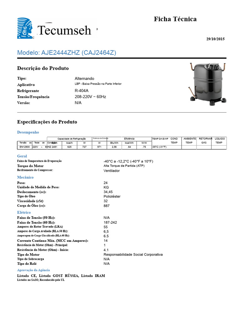 Ficha Técnica CAJ2464Z | PDF | Refrigeração | Motores