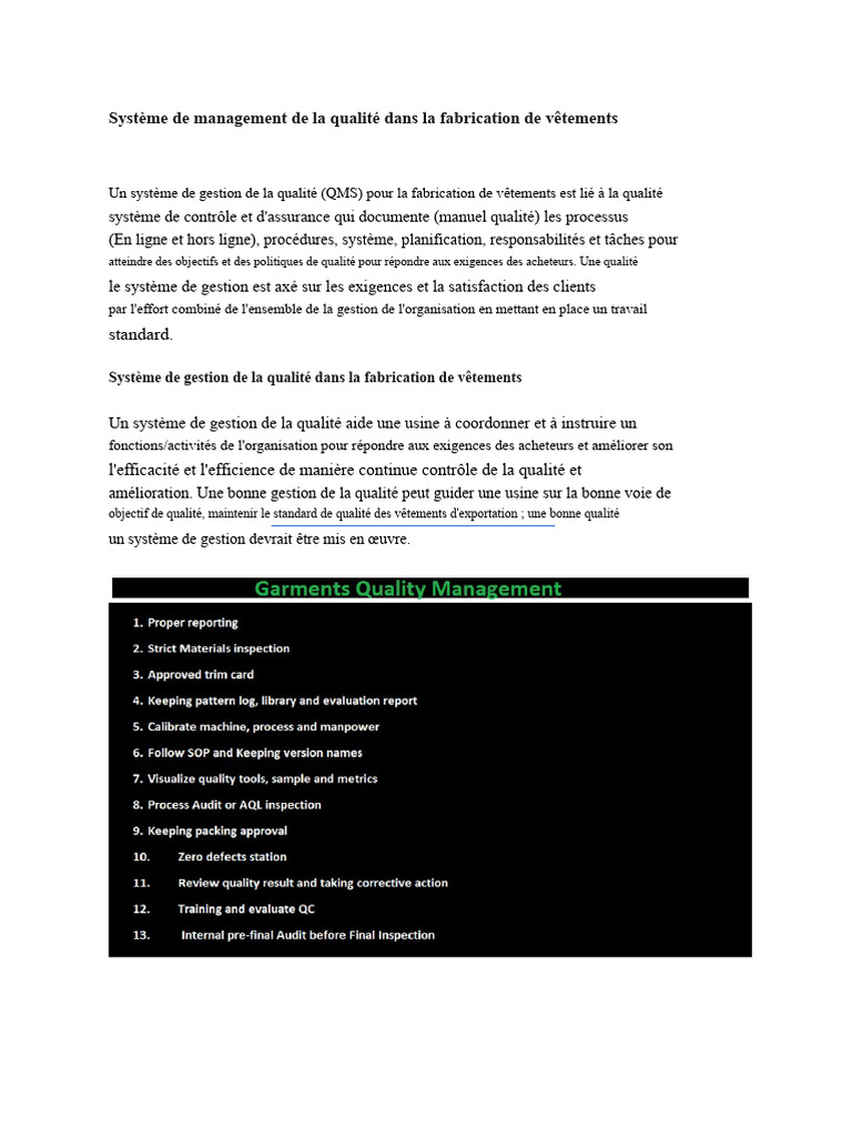 Système de Gestion de La Qualité Dans La Fabrication de Vêtements Par ...