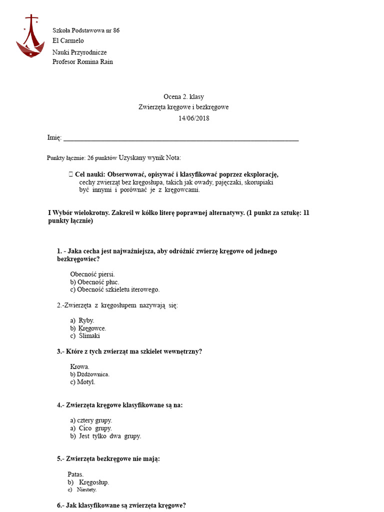 Test Na Kręgowce I Bezkręgowce | PDF