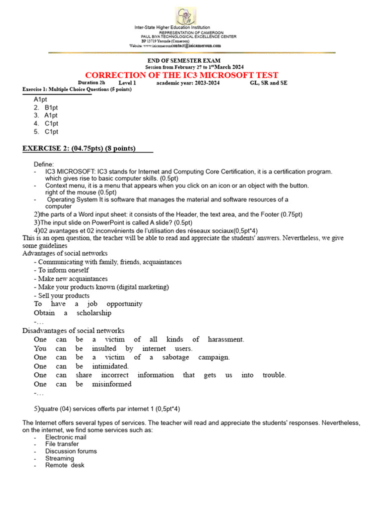 Correction IC3 Exam Paper 2023-2024, Good Ok. | PDF | Internet ...