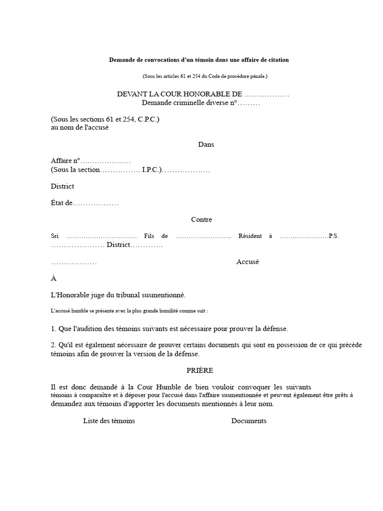 Demande de Convocation D'un Témoin Dans Une Affaire de Citation - Rédaction - Modèle Divers ...