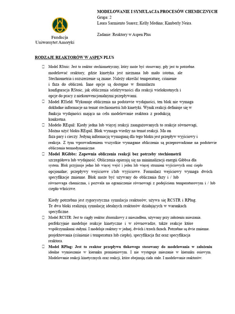 Rodzaje Reaktorów W Aspen Plus | PDF