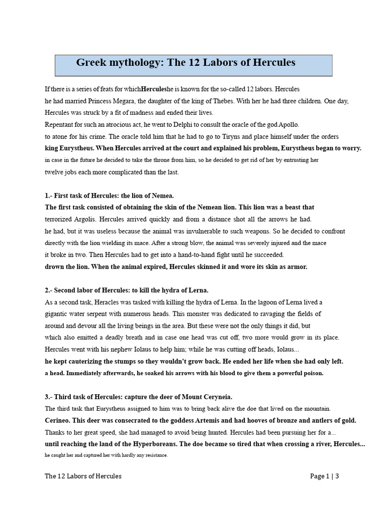 The Twelve Labors of Hercules | PDF | Argonauts | Greek Mythology