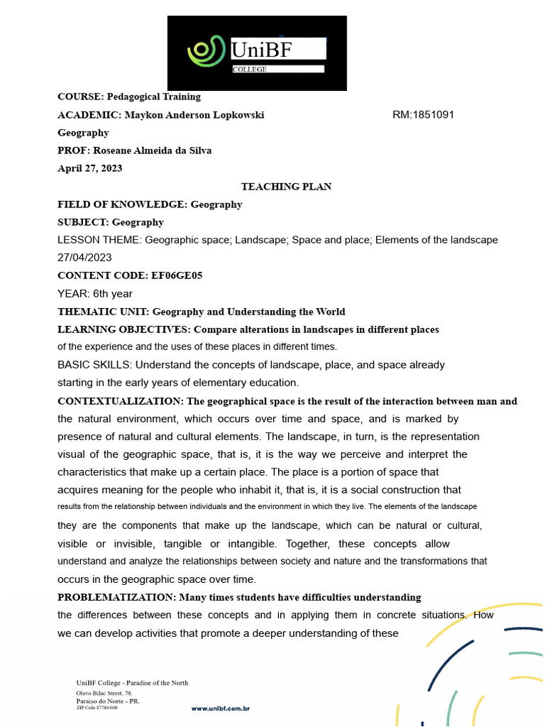 Geography Teaching Plan for 6th Grade | PDF | Geography | Space