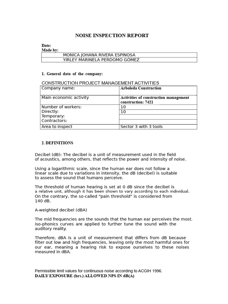 Noise Inspection Report for Arboleda Construction | PDF | Decibel | Noise