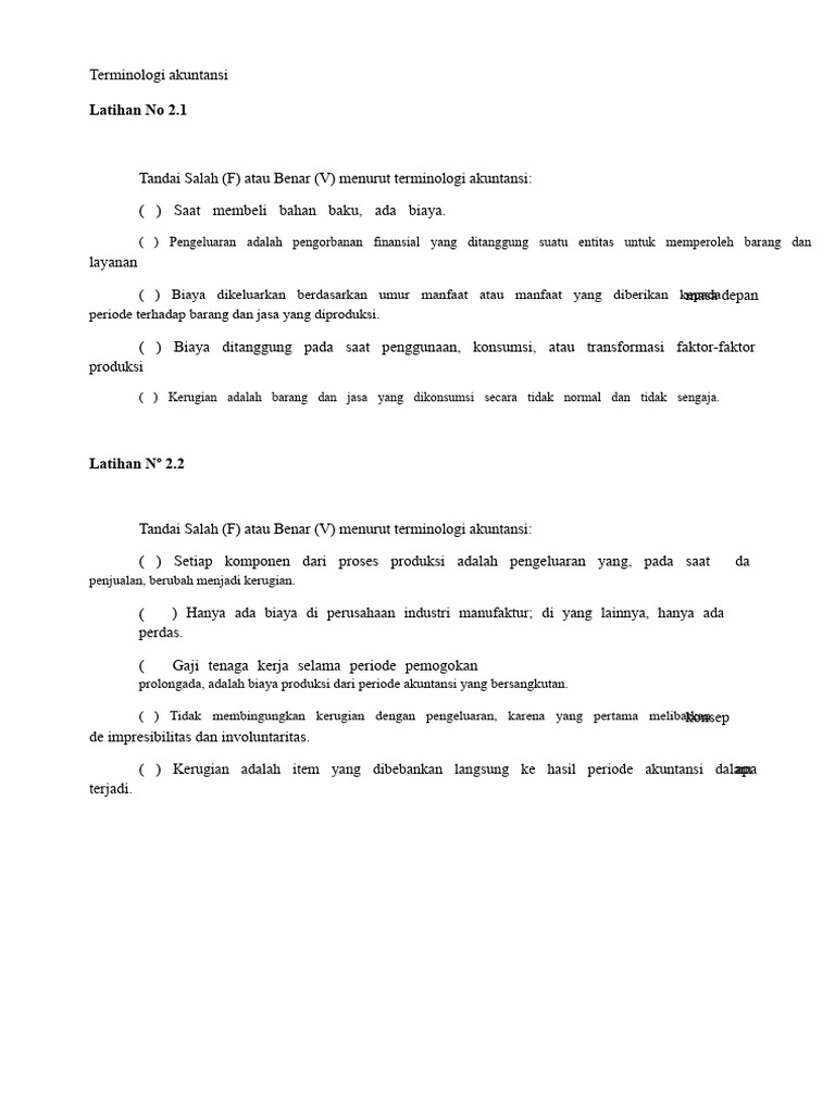 Terminologi Akuntansi Latihan Biaya | PDF