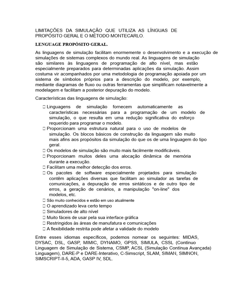 Limitações da Simulação e Monte Carlo | PDF | Linguagem de programação ...