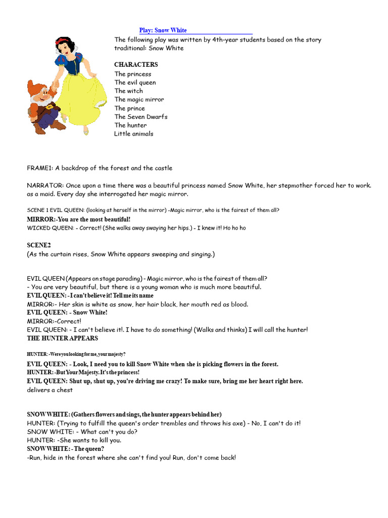 Snow White Play Script for Kids | PDF | Snow White | Fairy Tales