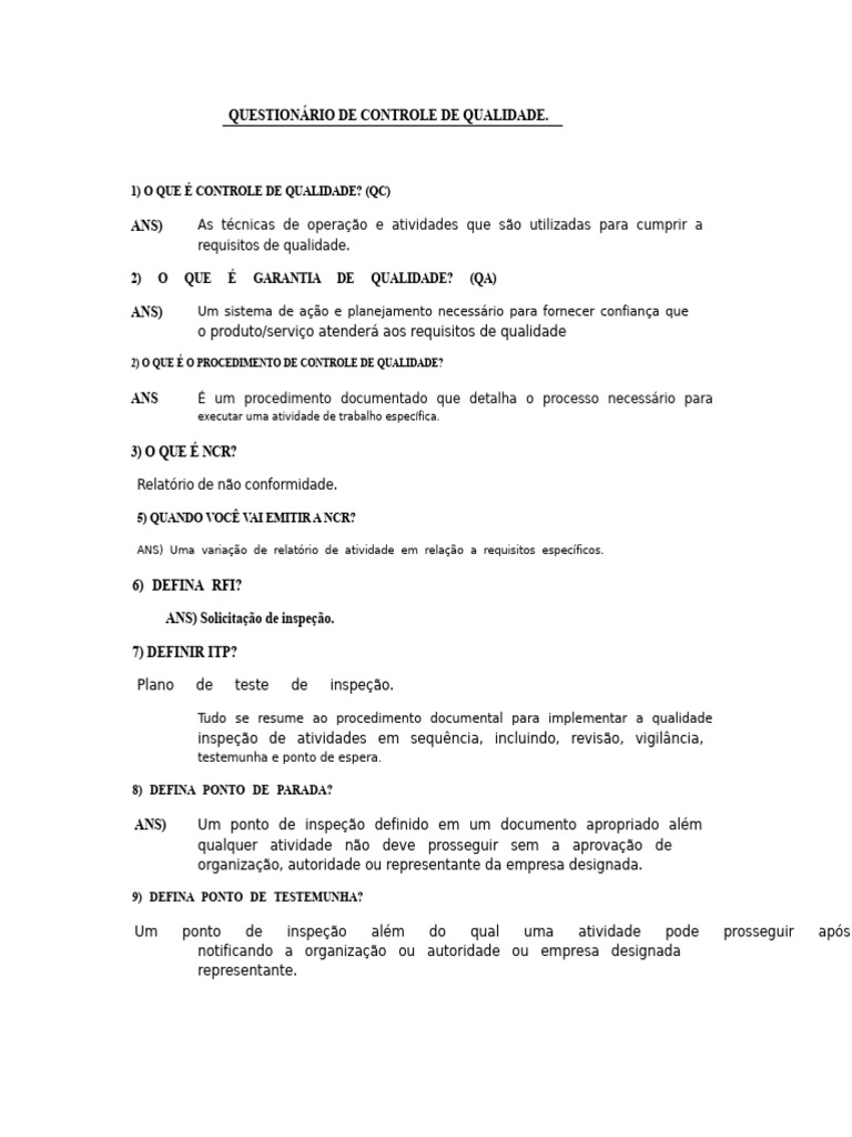 Notas de Perguntas e Respostas de QA-QC. | PDF | Qualidade (negócios ...
