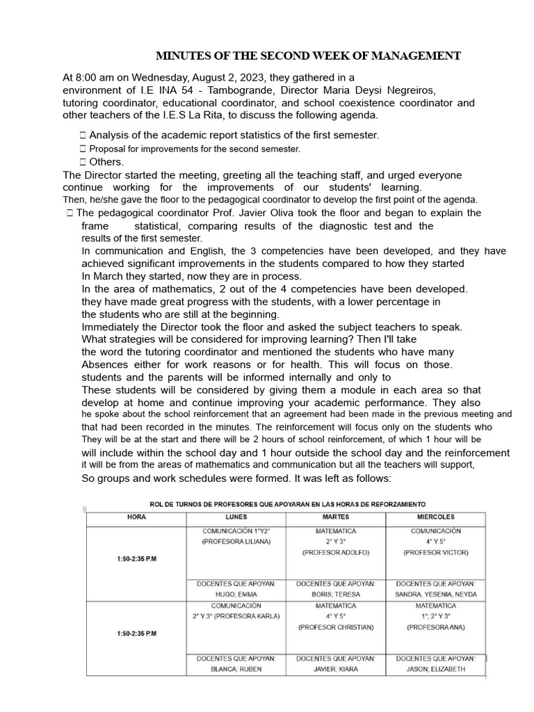 Minutes of The Second Week of Management | PDF | Teachers | Learning