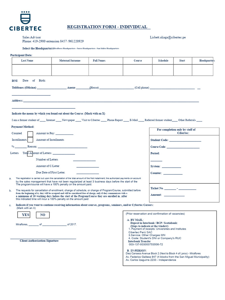 Cibertec Individual Registration Form | PDF | Prices | Debt
