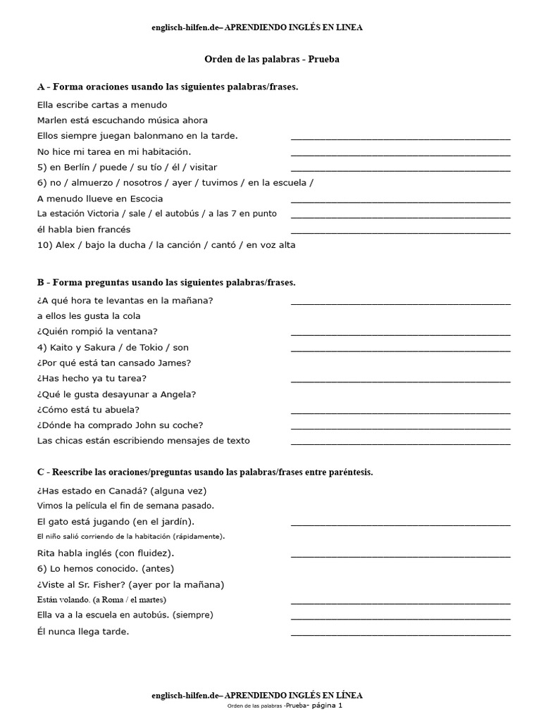 Prueba Sobre El Orden de Las Palabras PDF | PDF | Asunto (gramática ...