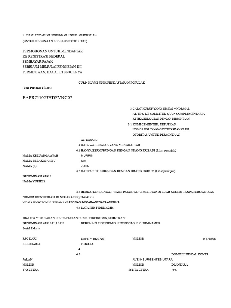 Format R-1 Permohonan Pendaftaran Di Registrasi Federal Pajak | PDF