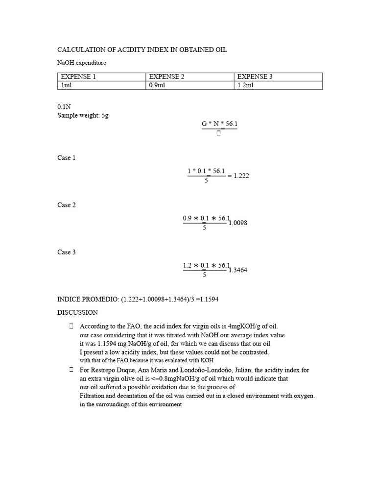 Calculation of Acidity Index in Obtained Oil | PDF
