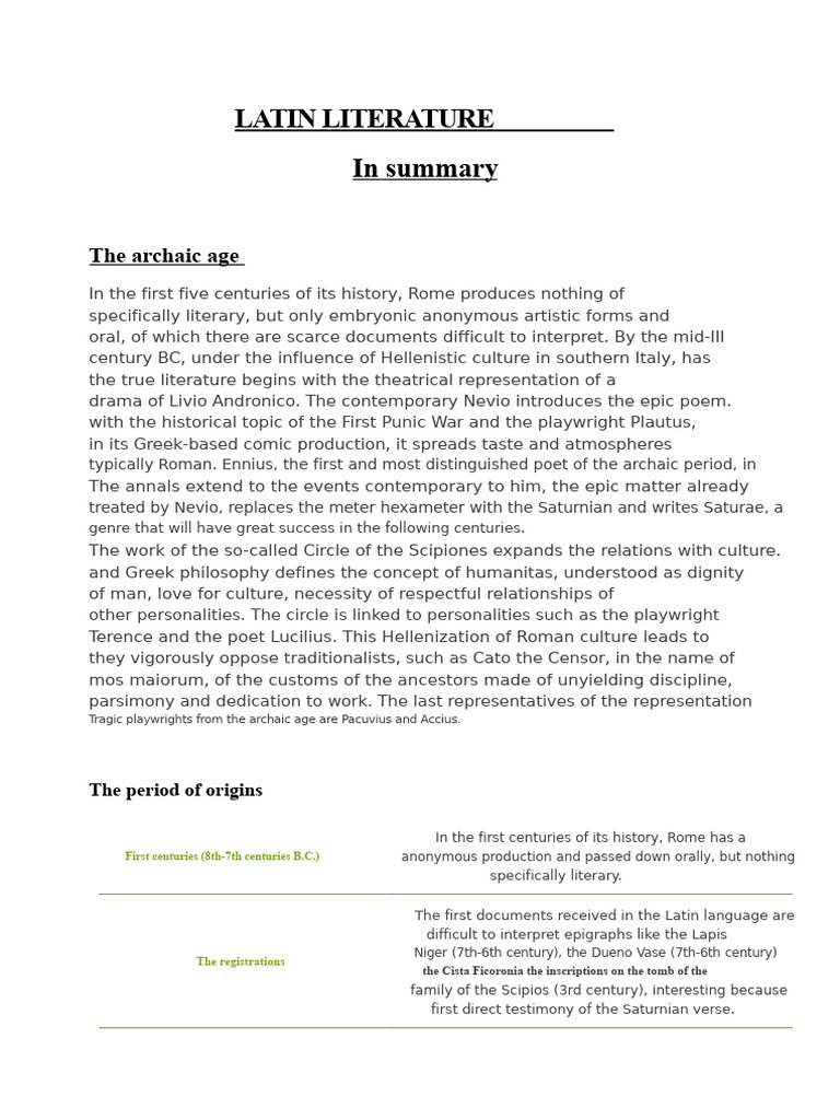 Latin Literature in Summary: The Archaic Era | PDF | Latin Literature ...