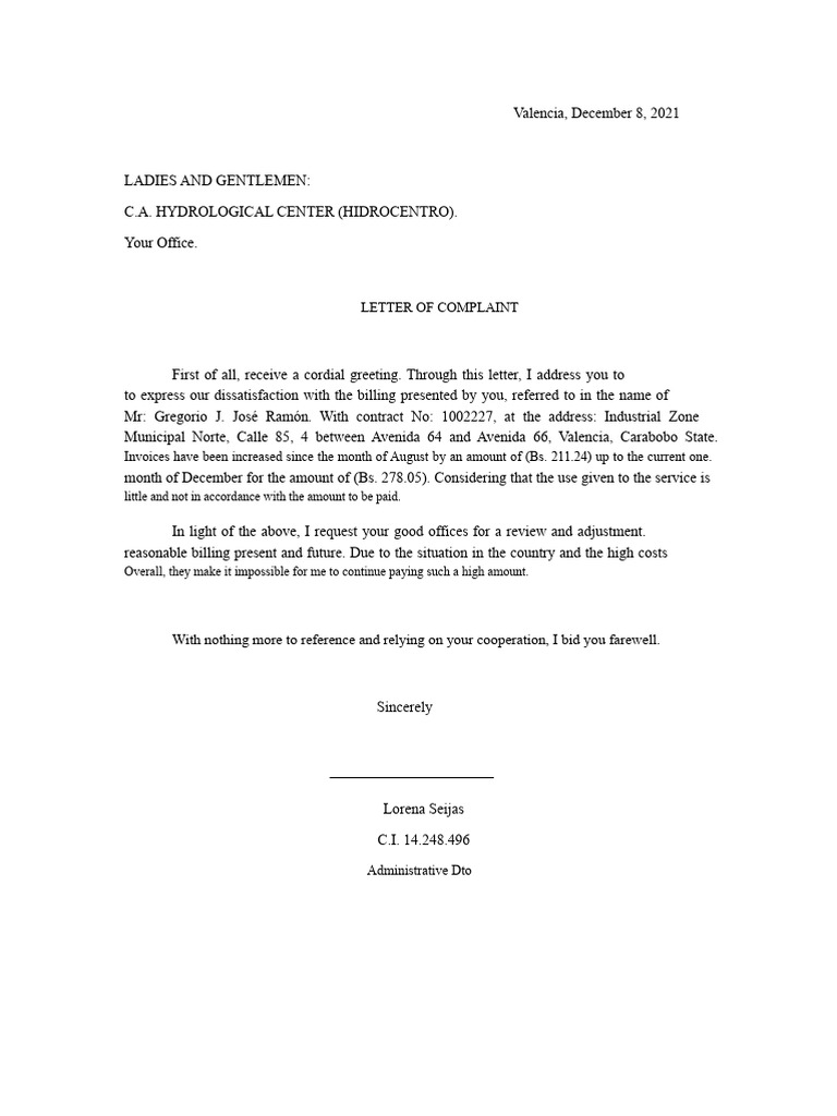 Letter of Complaint To Hidrocentro Plastic Ledmon | PDF