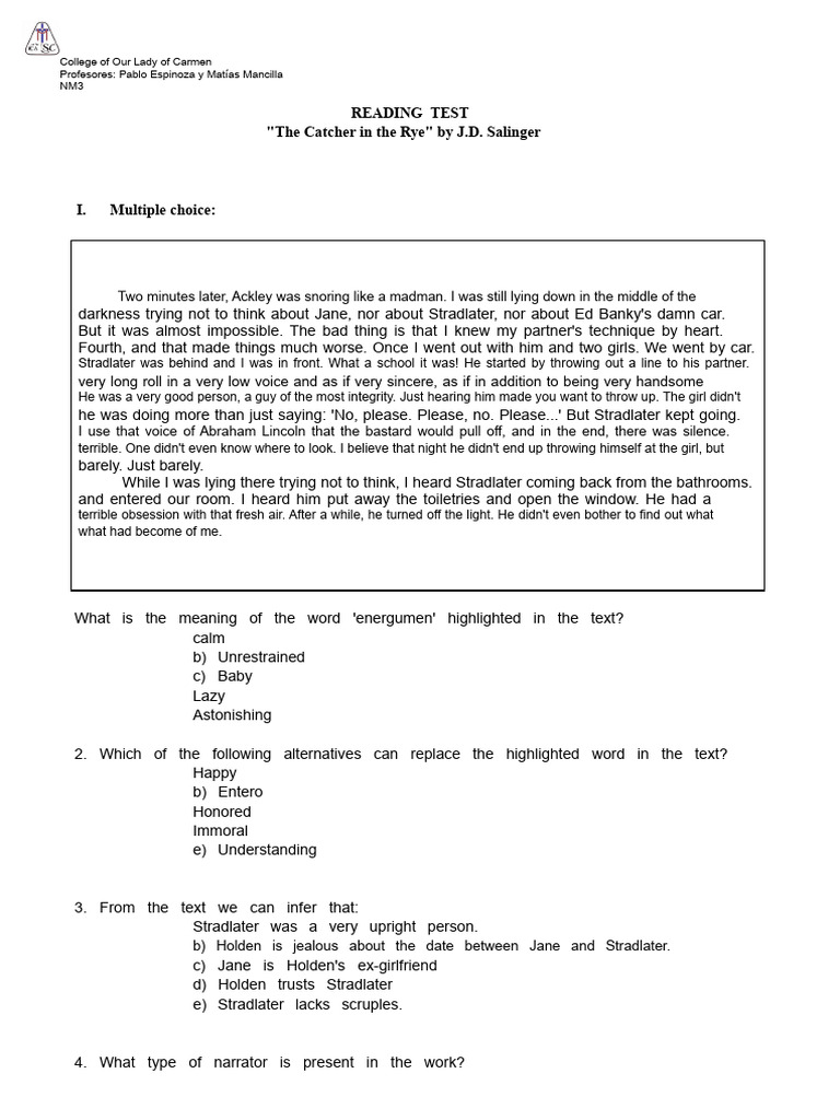 Reading Control - The Catcher in The Rye | PDF