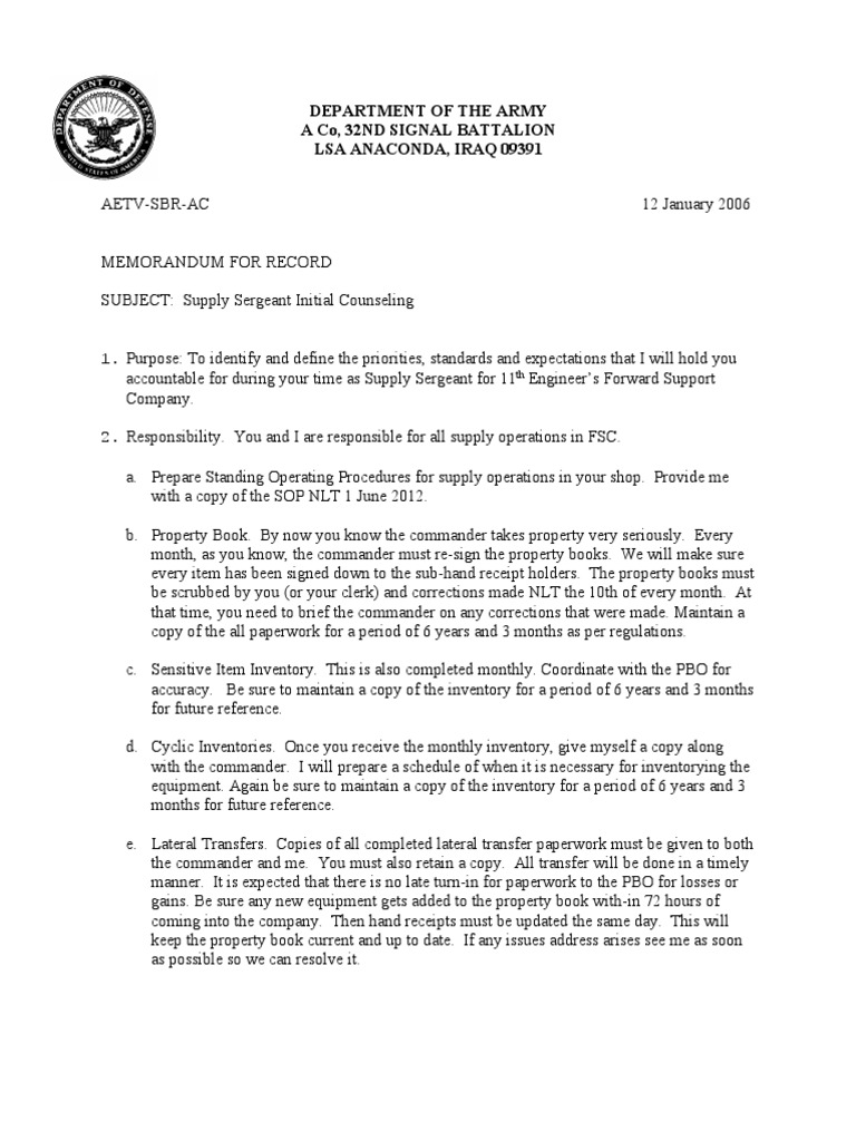 Supply Sergeant Initial Counseling Memo | PDF | Platoon | Inventory
