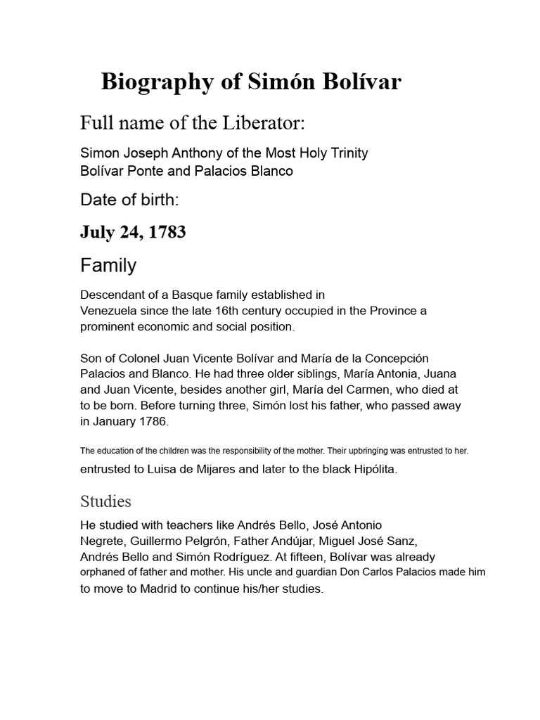 Biography of Simón Bolívar | PDF