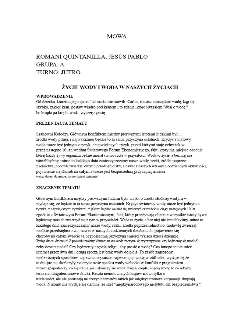 Mowa Na Temat Znaczenia Wody | PDF