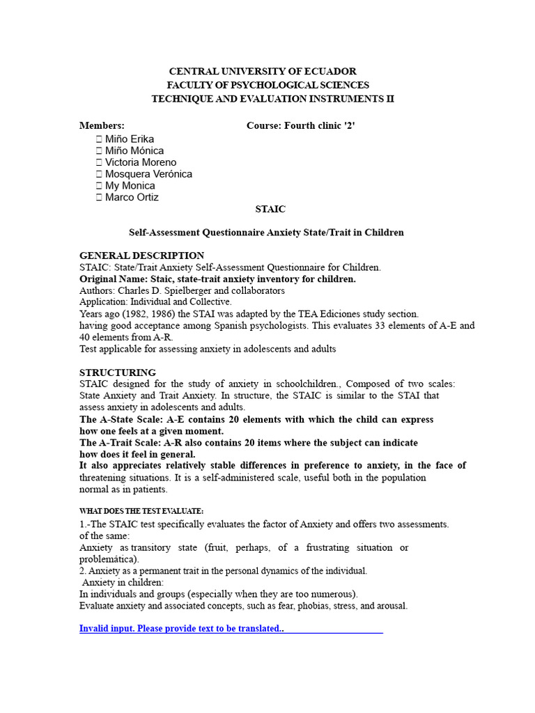 STAIC: Child Anxiety Assessment Tool | PDF | Psychology | Behavioural ...