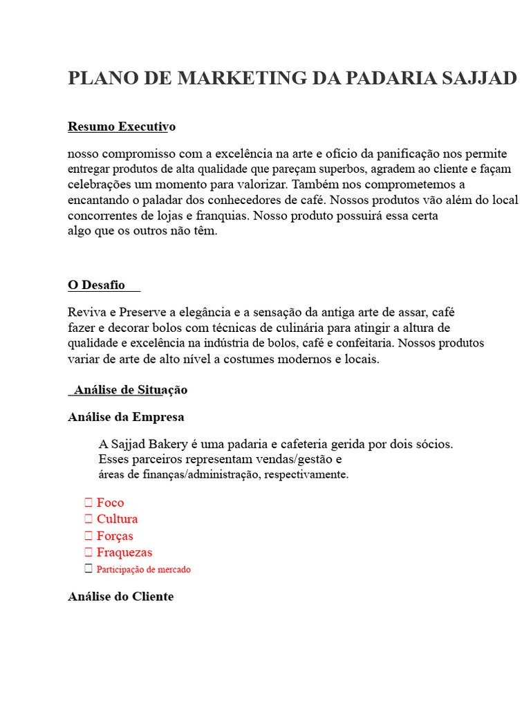 Plano de Marketing da Padaria Sajjad | PDF | Padaria | Marketing