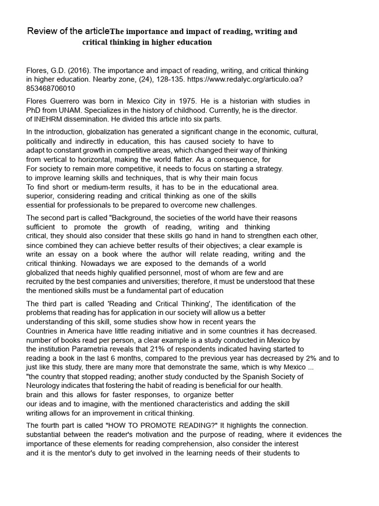 Impact of Reading and Writing in Education | PDF | Critical Thinking ...