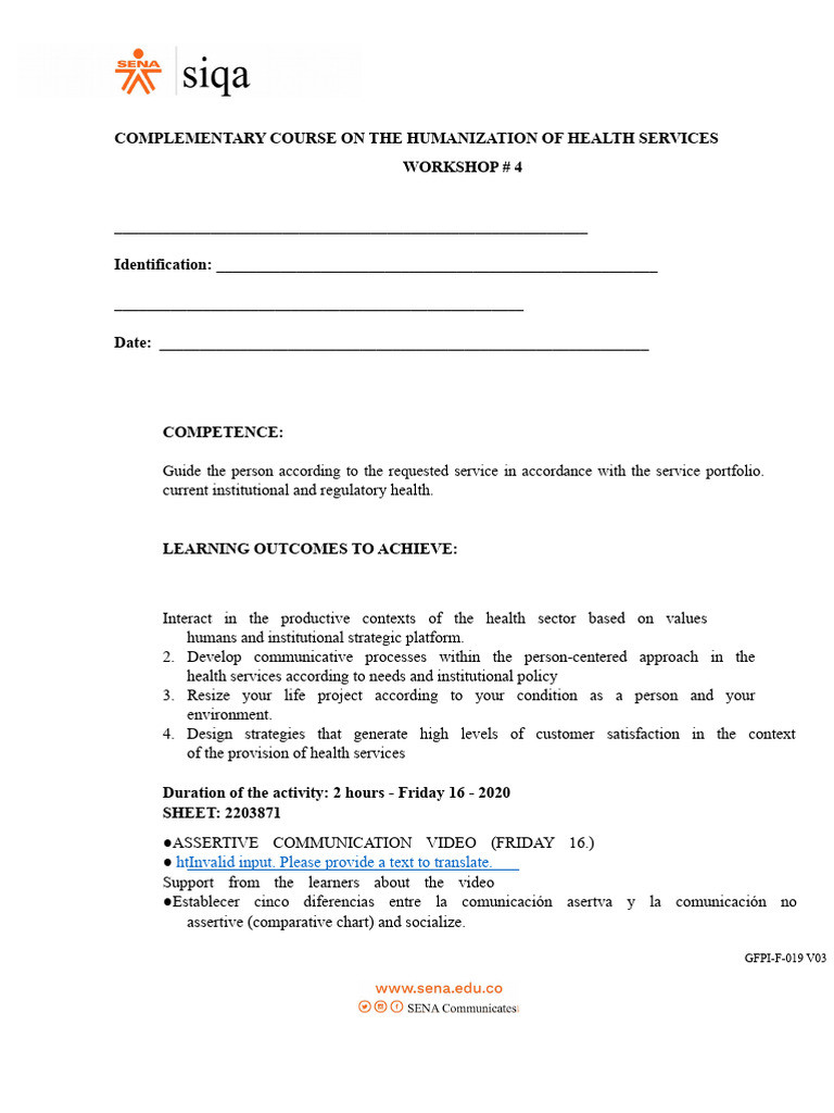 Humanization in Health Services Workshop | PDF | Cognition | Communication