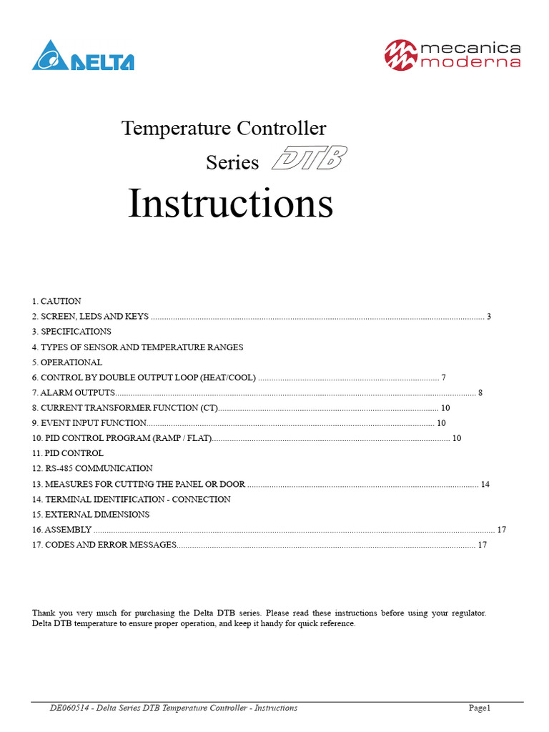Delta DTB Temperature Controller Guide | PDF | Feedback | Thermocouple