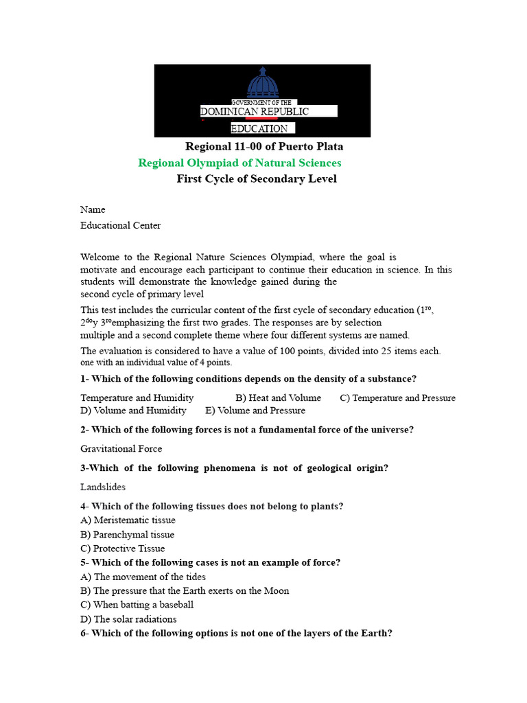 First Cycle of Secondary School Test | PDF | Cytoplasm | Cell (Biology)