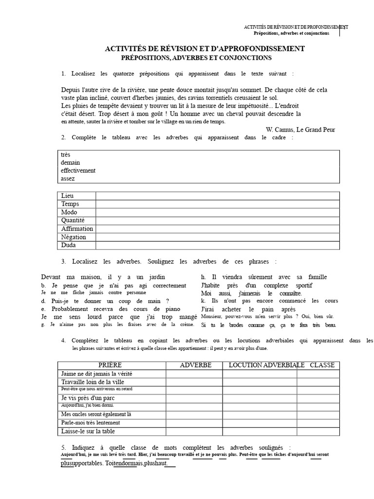 Activités de révision : prépositions et adverbes | PDF | Adverbe | Pronom