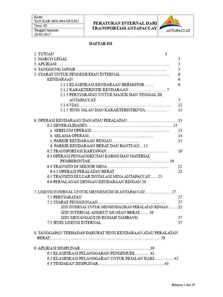 Peraturan Internal Transportasi Antapaccay | PDF