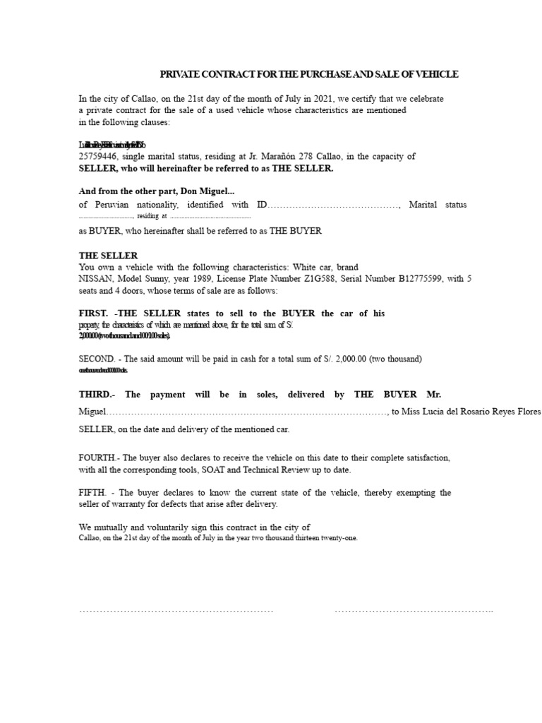 Private Purchase and Sale Contract For Nissan Vehicle | PDF