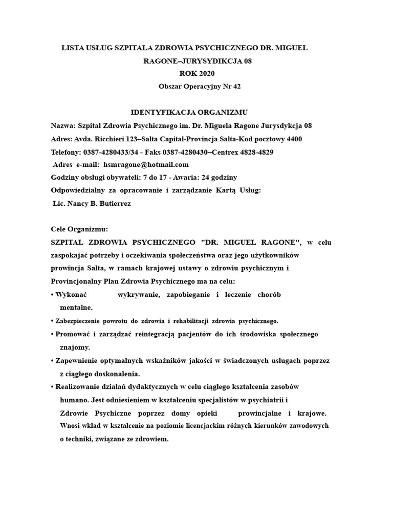 Karta Usług Szpitala Ragone Rok 2020 - Oryginał Zatwierdzony R.m.11d-15 ...