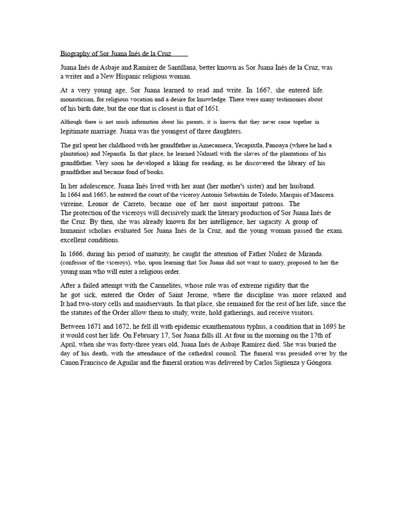 Biography of Sor Juana Inés de La Cruz | PDF