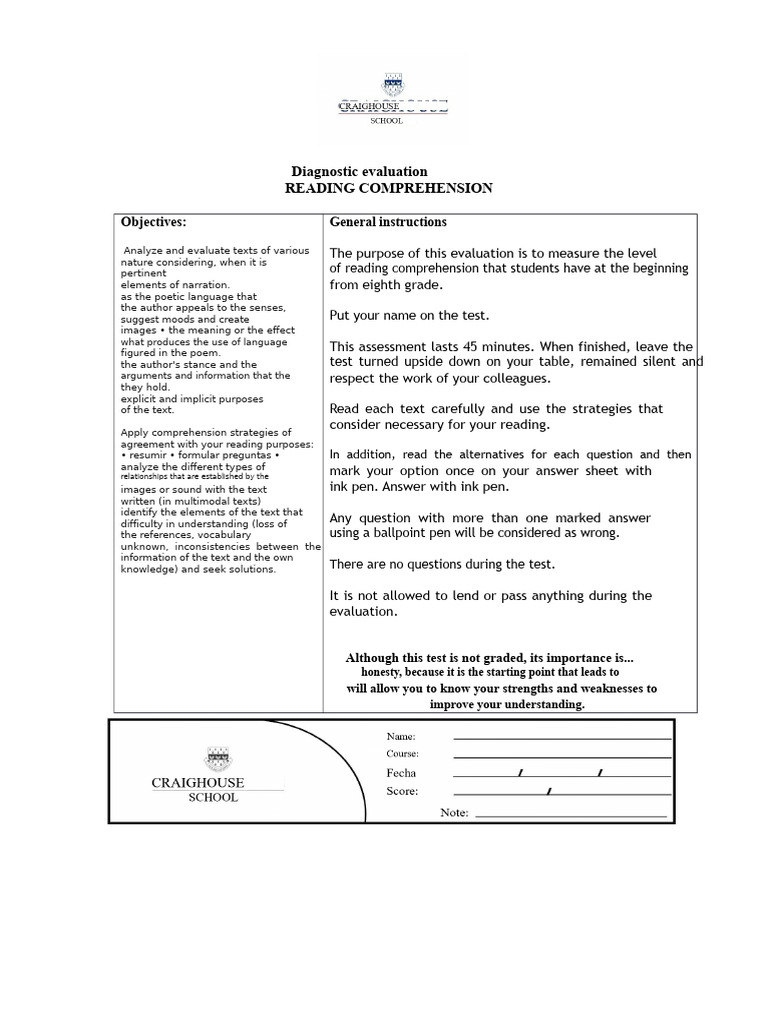 Diagnostic Evaluation Eighth Reading Comprehension | PDF | Reading ...