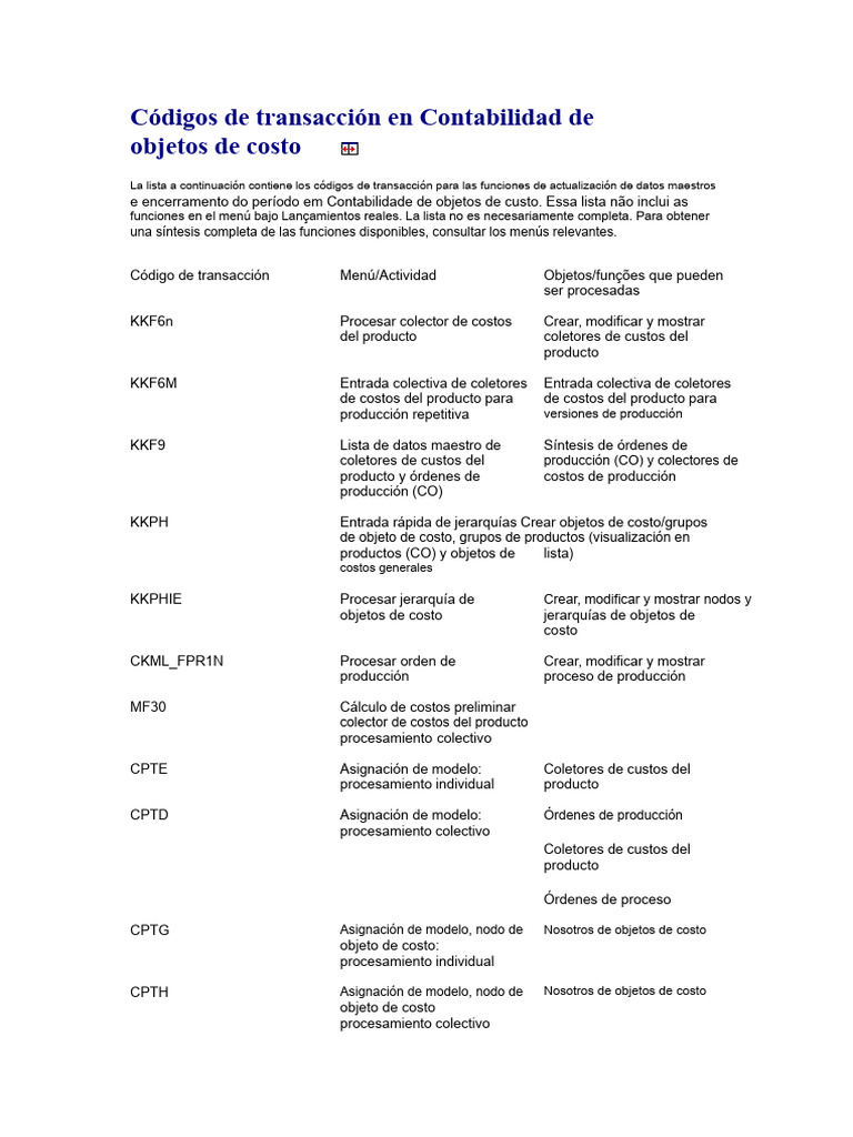 Códigos de Transacción en Contabilidad de Objetos de Costo | PDF ...