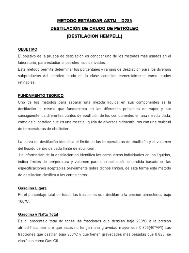 Metodo Estándar Astm D285 | PDF | Destilación | Gasolina